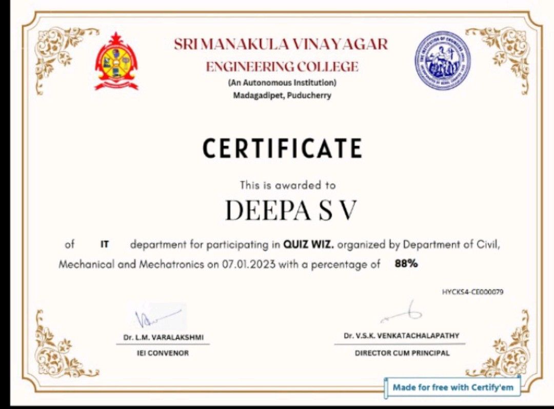 Deepa Venkatesan on LinkedIn: Certificate of QUIZ WIZ by 88% organized ... Deepa Venkatesan on LinkedIn: Certificate of QUIZ WIZ by 88% organized ...