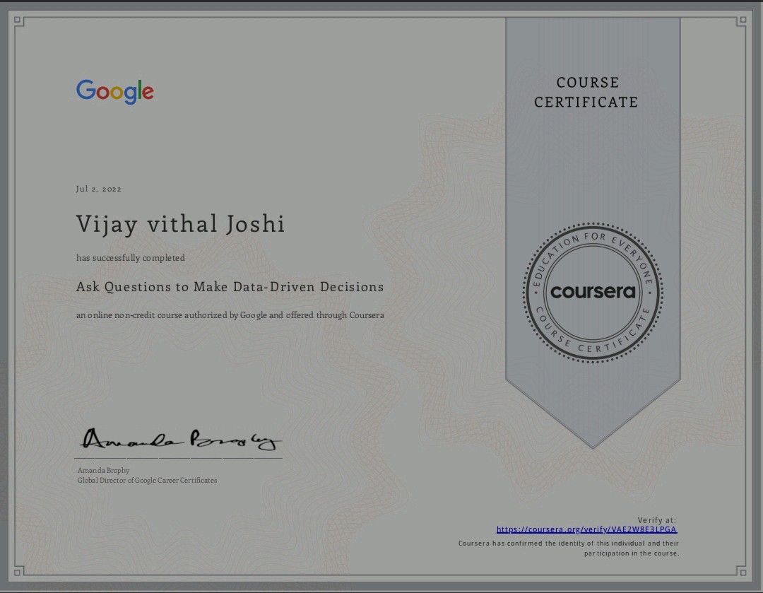 Vijay Vithal Joshi on LinkedIn: #google #coursera Vijay Vithal Joshi on LinkedIn: #google #coursera