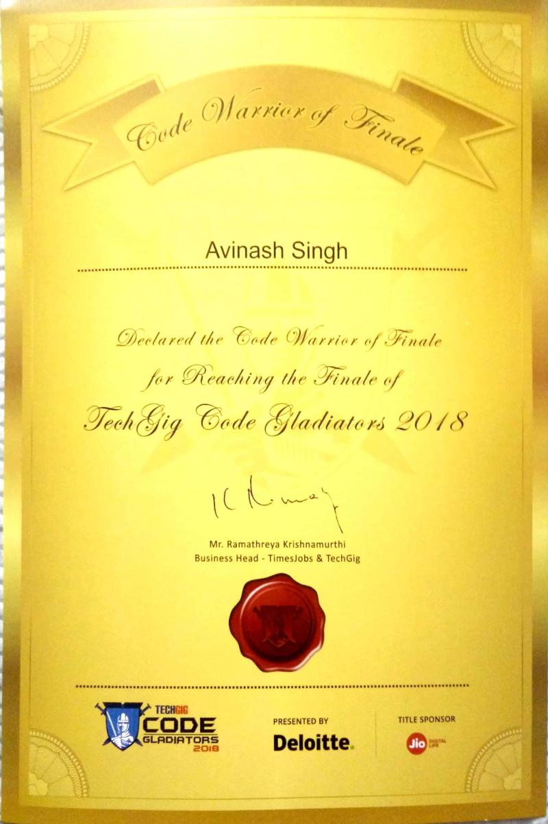 Avinash Singh on LinkedIn: Code gladiator finalist TechGig Avinash Singh on LinkedIn: Code gladiator finalist TechGig