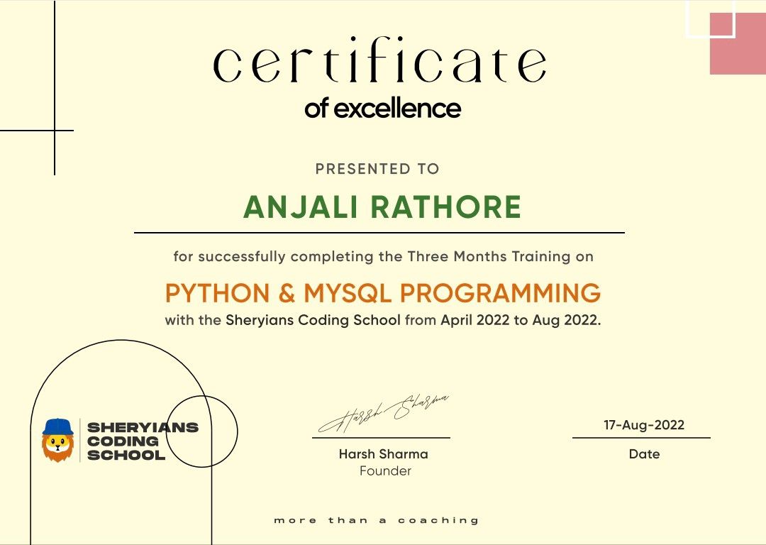 Anjali Rathore on LinkedIn: #training #mysql #python #thankyou Anjali Rathore on LinkedIn: #training #mysql #python #thankyou