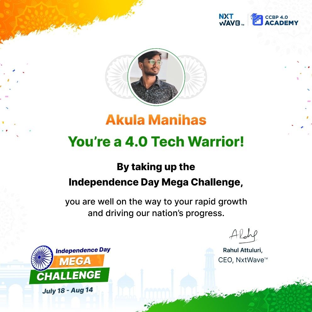 Akula Manihas on LinkedIn: #nxtwave #rahulattuluri #ccbp Akula Manihas on LinkedIn: #nxtwave #rahulattuluri #ccbp