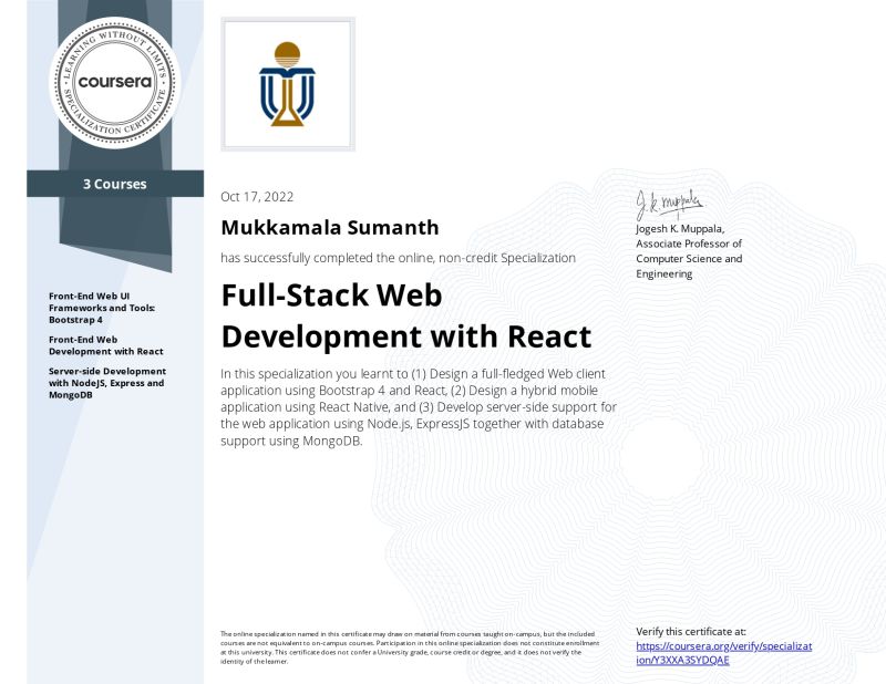 Sumanth Mukkamala on LinkedIn: Full-Stack Web Development with react ... Sumanth Mukkamala on LinkedIn: Full-Stack Web Development with react ...