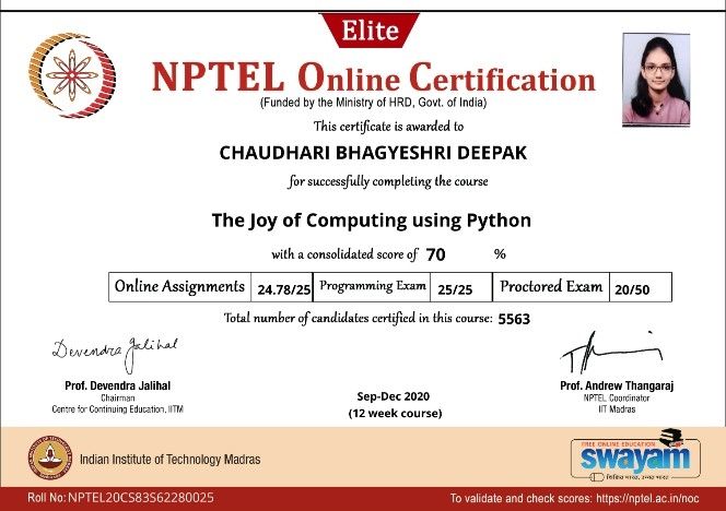 Bhagyeshri Deepak Chaudhari on LinkedIn: Successful completed NPTEL Course Bhagyeshri Deepak Chaudhari on LinkedIn: Successful completed NPTEL Course