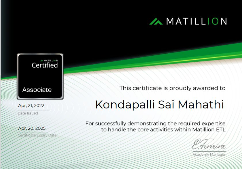 Sai Mahathi Kondapalli on LinkedIn: Matillion Associate Certified!!! Sai Mahathi Kondapalli on LinkedIn: Matillion Associate Certified!!!