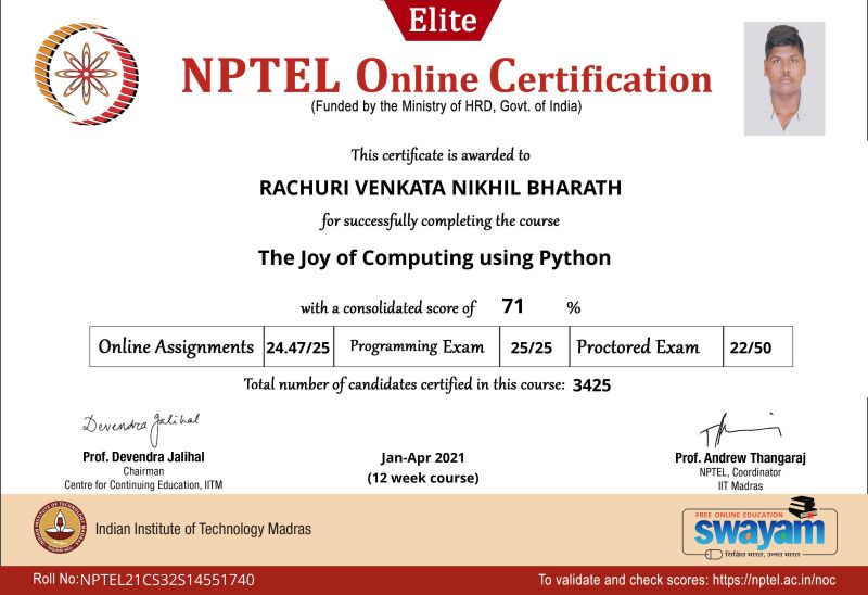 RACHURI VENKATA NIKHIL BHARATH on LinkedIn: #nptel #python RACHURI VENKATA NIKHIL BHARATH on LinkedIn: #nptel #python