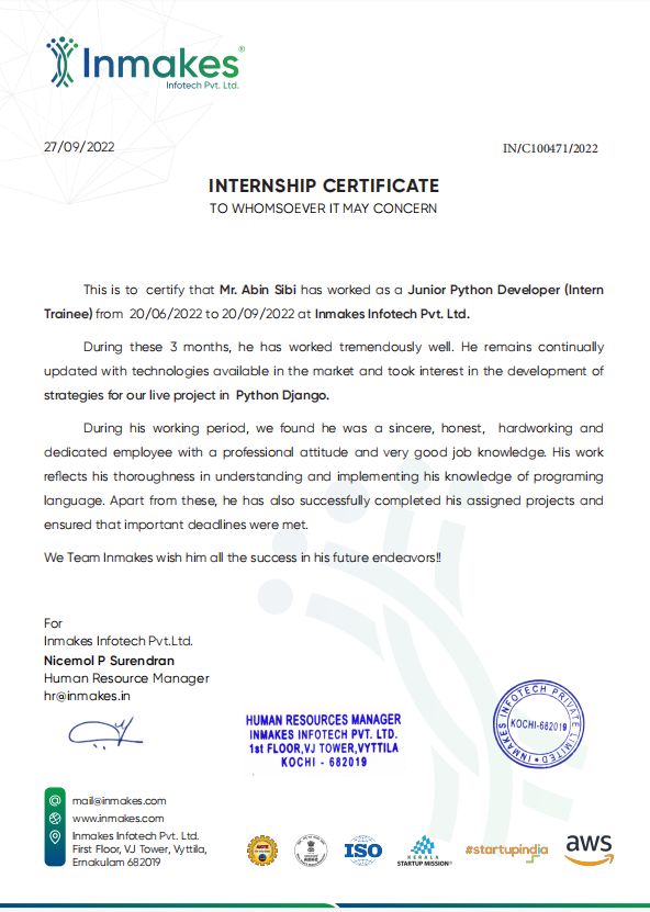 Abin Sibi on LinkedIn: #internship Abin Sibi on LinkedIn: #internship