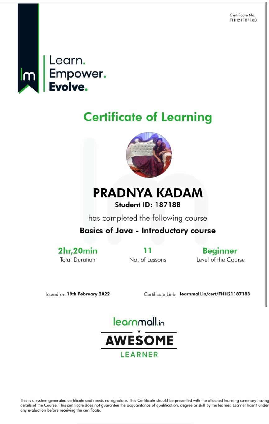 Pradnya Kadam on LinkedIn: #basicsofjava #java #thankyou #certificate Pradnya Kadam on LinkedIn: #basicsofjava #java #thankyou #certificate