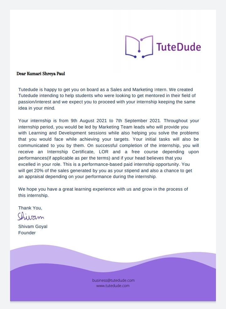 Kumari Shreya Paul on LinkedIn: #tutedude #offerletter #internship Kumari Shreya Paul on LinkedIn: #tutedude #offerletter #internship