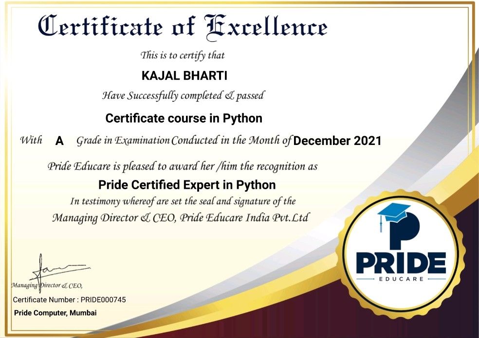 Kajal Bharti on LinkedIn: python certificate Kajal Bharti on LinkedIn: python certificate