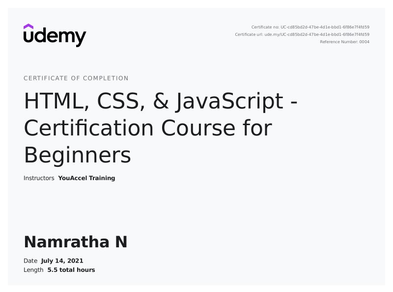 Namratha N on LinkedIn: #htmlcoding #css #js #udemycourse #coursecompletion Namratha N on LinkedIn: #htmlcoding #css #js #udemycourse #coursecompletion
