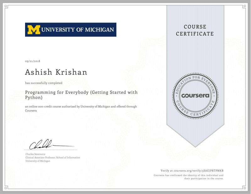 Ashish Krishan on LinkedIn: #python #programming #coursera Ashish Krishan on LinkedIn: #python #programming #coursera