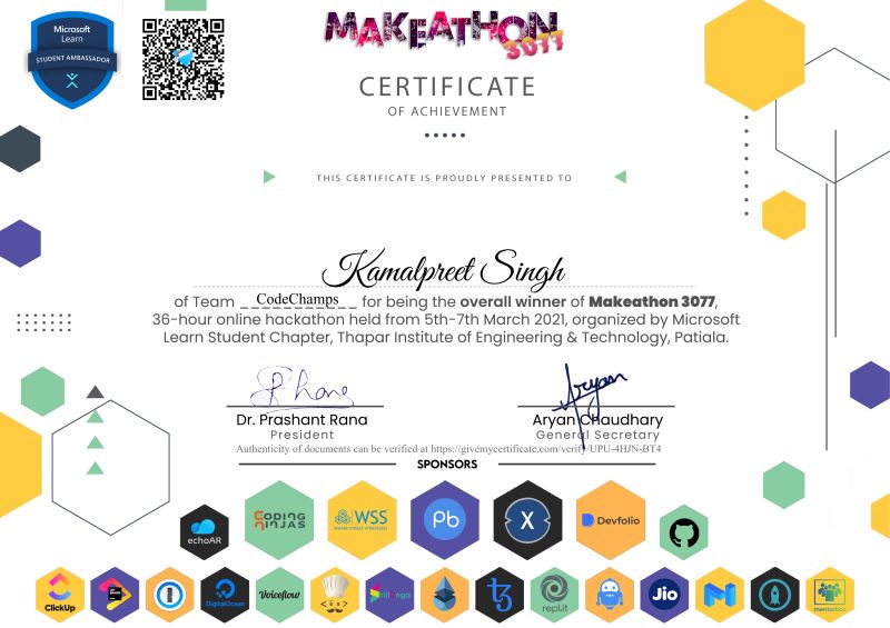 Kamalpreet Singh on LinkedIn: #mlscthapar #makeathon #hackathon # ... Kamalpreet Singh on LinkedIn: #mlscthapar #makeathon #hackathon # ...