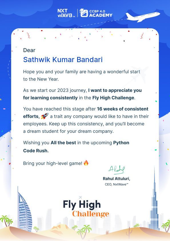 Sathwik kumar Bandari on LinkedIn: #nxtwave #flyhighchallenge #target # ... Sathwik kumar Bandari on LinkedIn: #nxtwave #flyhighchallenge #target # ...