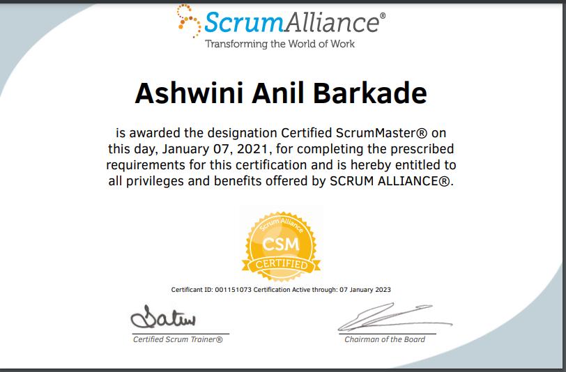 Ashwini Barkade on LinkedIn: Certified Scrum Master: Ashwini Barkade on LinkedIn: Certified Scrum Master: