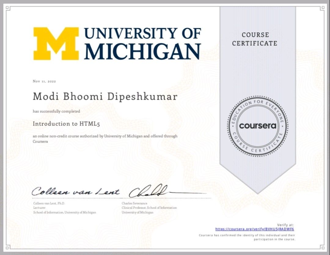 Bhoomi Modi on LinkedIn: completion certificate for introduction to HTML5 Bhoomi Modi on LinkedIn: completion certificate for introduction to HTML5