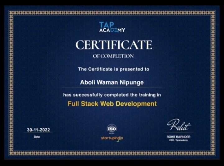 Aboli Nipunge on LinkedIn: I am happy to share my Full Stack Web ... Aboli Nipunge on LinkedIn: I am happy to share my Full Stack Web ...