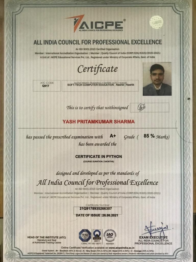 Yash Sharma on LinkedIn: Got started with python by AICPE certification ... Yash Sharma on LinkedIn: Got started with python by AICPE certification ...