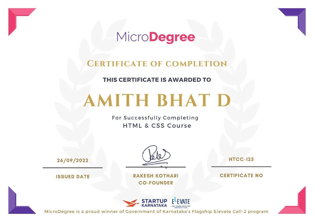 Amith bhat D on LinkedIn: Certificate for completion of HTML & CSS ... Amith bhat D on LinkedIn: Certificate for completion of HTML & CSS ...