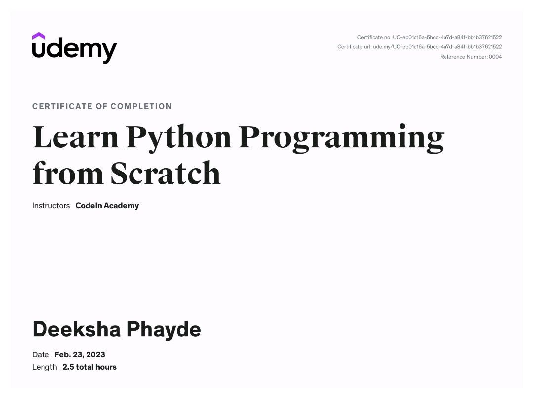 Deeksha Phayde on LinkedIn: #python #programming #udemy #codelnacademy Deeksha Phayde on LinkedIn: #python #programming #udemy #codelnacademy