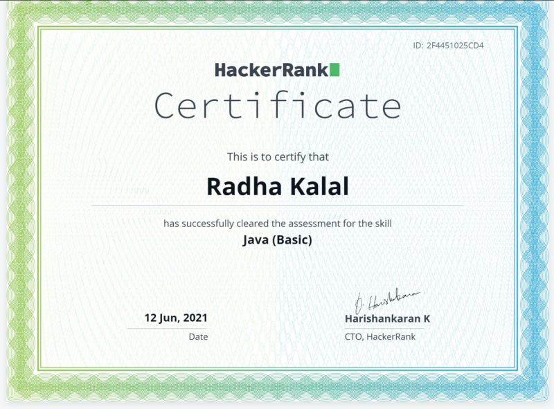 Radha Kalal on LinkedIn: Achieved Java (Basic) Certificate From HackerRank. Radha Kalal on LinkedIn: Achieved Java (Basic) Certificate From HackerRank.