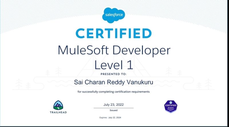 Sai Charan Reddy Vanukuru on LinkedIn: #mulesoft #certification #saleforce Sai Charan Reddy Vanukuru on LinkedIn: #mulesoft #certification #saleforce