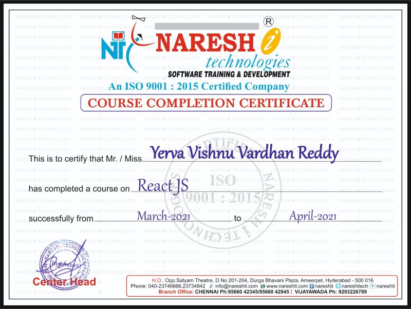 Yerva Vishnu Vardhan Reddy on LinkedIn: Completed Certification on Reactjs Yerva Vishnu Vardhan Reddy on LinkedIn: Completed Certification on Reactjs