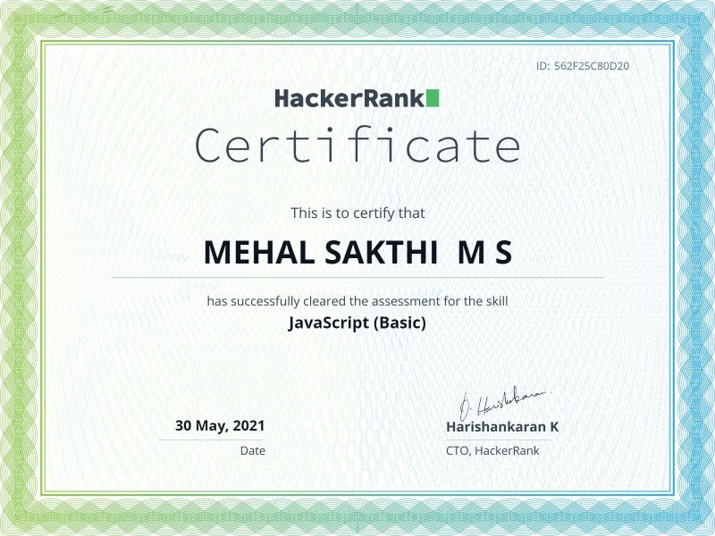 MEHAL SAKTHI MUTHUSAMY SIVARAJA on LinkedIn: #hackerrank #javascript MEHAL SAKTHI MUTHUSAMY SIVARAJA on LinkedIn: #hackerrank #javascript