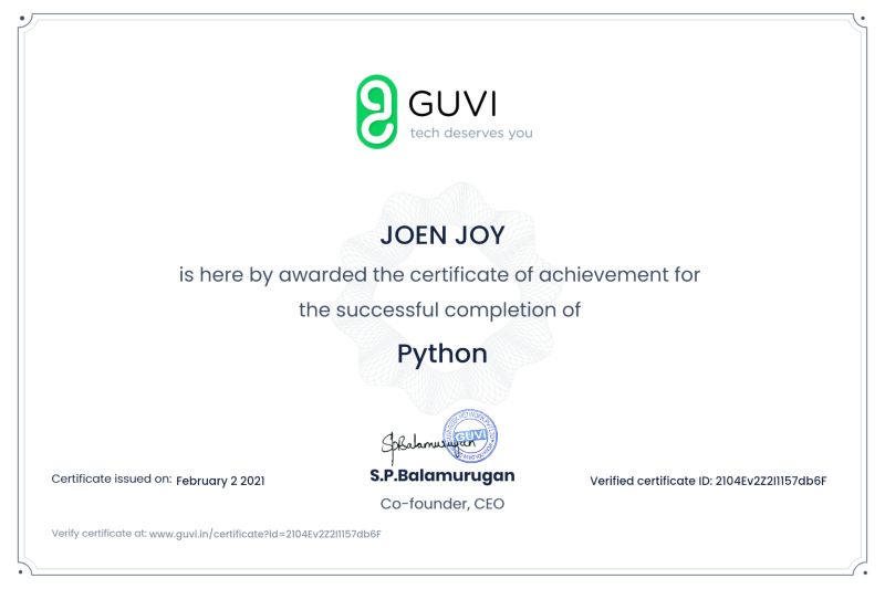 Joen Joy on LinkedIn: #guvi #python3 #certificate Joen Joy on LinkedIn: #guvi #python3 #certificate