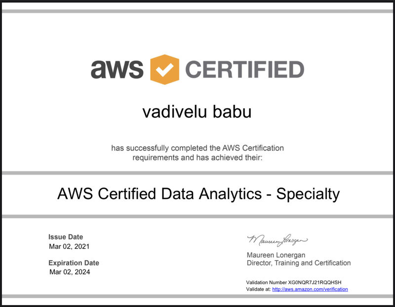 Vadivelu Babu on LinkedIn: #awscertified #bigdataanalytics Vadivelu Babu on LinkedIn: #awscertified #bigdataanalytics