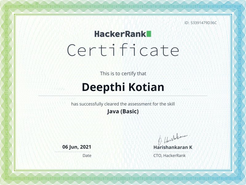 Deepthi kotian on LinkedIn: Hackerrank skill certificate. Deepthi kotian on LinkedIn: Hackerrank skill certificate.