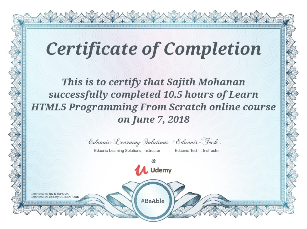 Sajith Mohanan on LinkedIn: Completion certificate for Learn HTML5 ... Sajith Mohanan on LinkedIn: Completion certificate for Learn HTML5 ...