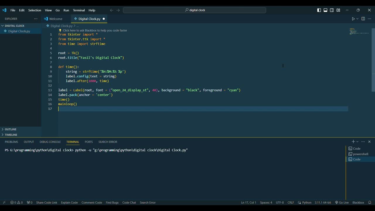 🕒 Completed my digital clock project with Python! 🔴 Learned a lot from ... 🕒 Completed my digital clock project with Python! 🔴 Learned a lot from ...