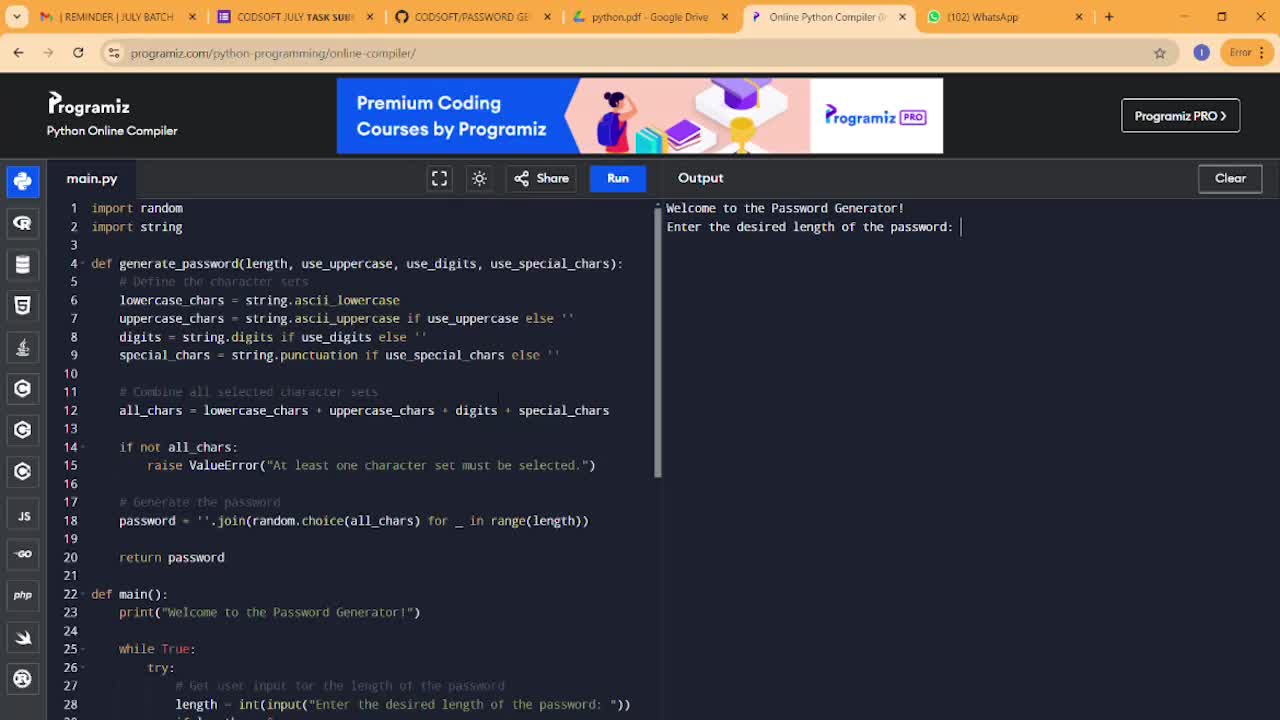 Iram Fatima on LinkedIn: #python #passwordgenerator #codsoft Iram Fatima on LinkedIn: #python #passwordgenerator #codsoft