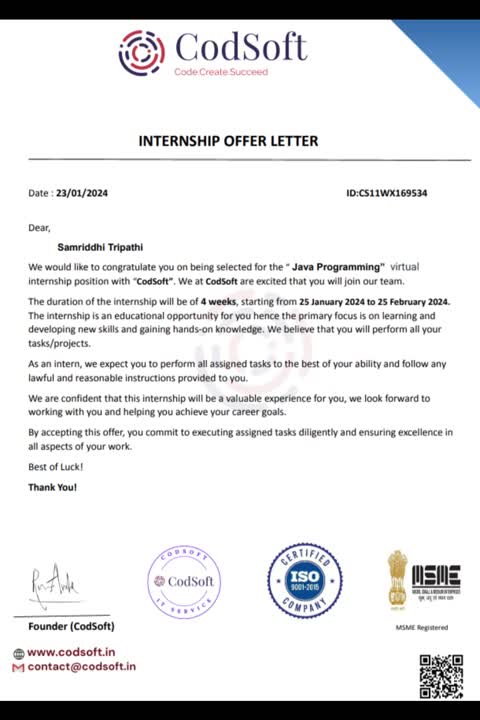 Samriddhi Tripathi on LinkedIn: #codesoft #codsoftinternship #java #dsa ... Samriddhi Tripathi on LinkedIn: #codesoft #codsoftinternship #java #dsa ...