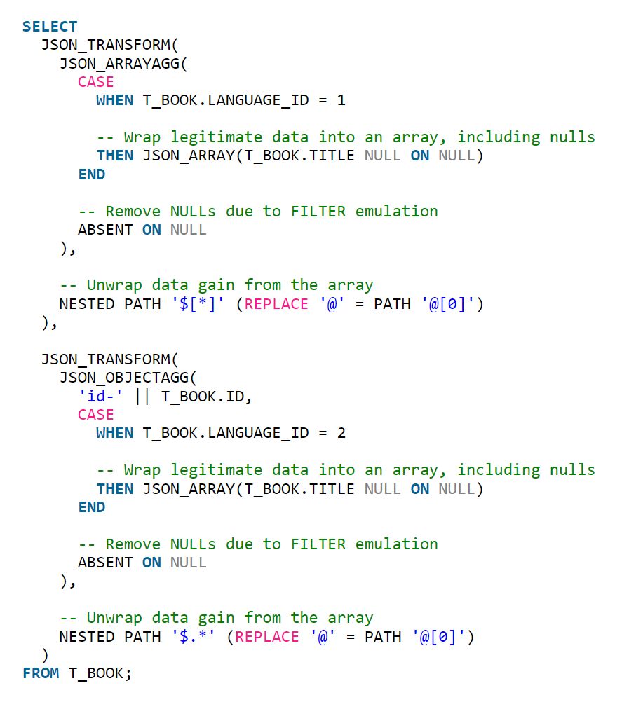Lukas Eder on LinkedIn: Emulating SQL FILTER with Oracle JSON Aggregate ... Lukas Eder on LinkedIn: Emulating SQL FILTER with Oracle JSON Aggregate ...