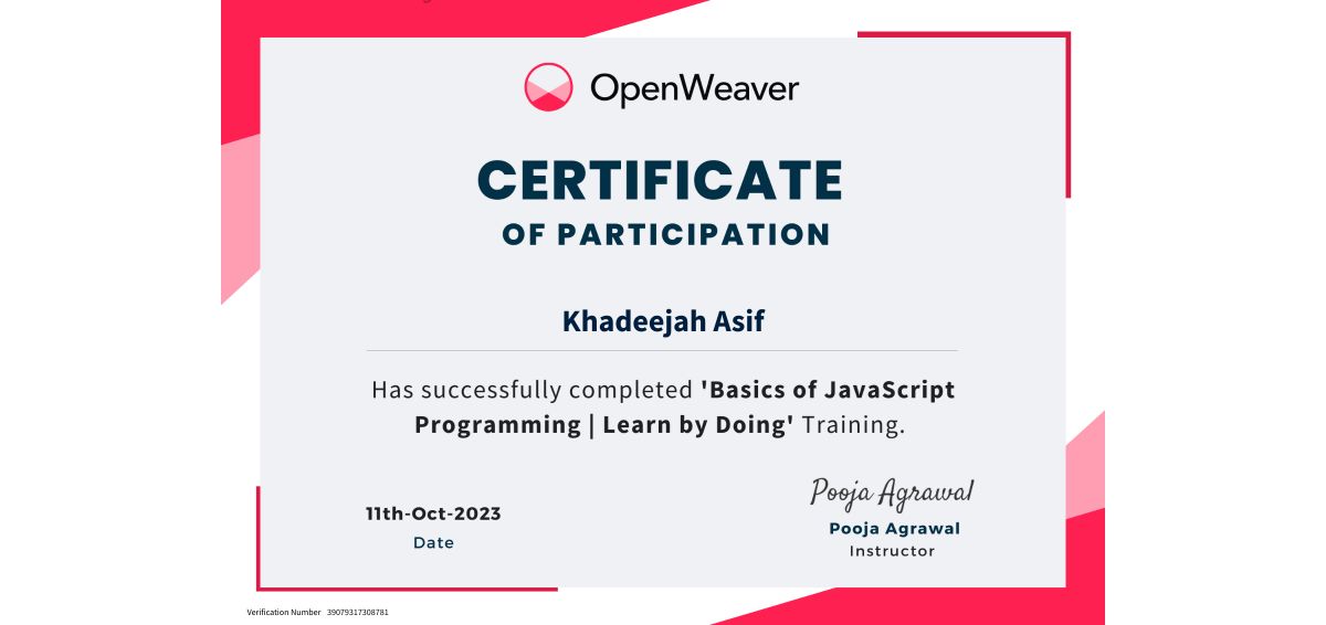 Completed JavaScript Bootcamp with Open Weaver | Khadeejah Asif posted ... Completed JavaScript Bootcamp with Open Weaver | Khadeejah Asif posted ...