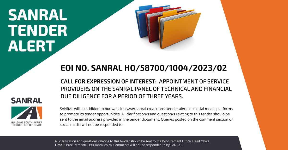 SANRAL on LinkedIn: SANRAL TENDER ALERT Tender Number: HO/58700/1004 ... SANRAL on LinkedIn: SANRAL TENDER ALERT Tender Number: HO/58700/1004 ...