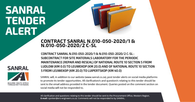 SANRAL on LinkedIn: SANRAL TENDER ALERT Tender Number: CONTRACT SANRAL ... SANRAL on LinkedIn: SANRAL TENDER ALERT Tender Number: CONTRACT SANRAL ...
