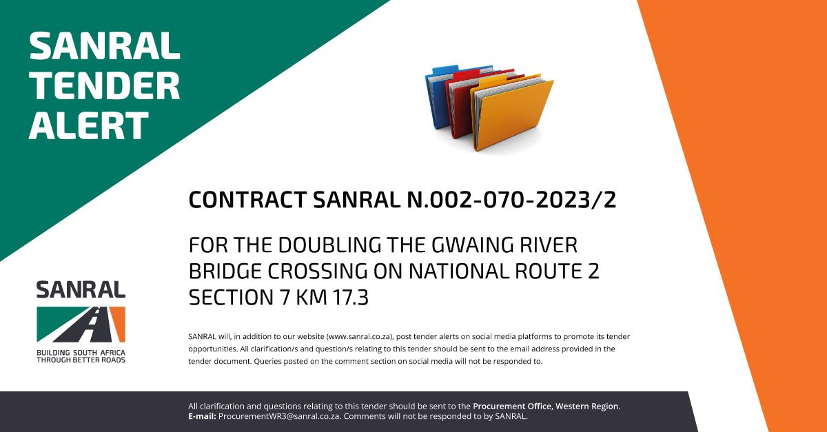 SANRAL on LinkedIn: SANRAL TENDER ALERT Tender number: N.002-070-2023/2 ... SANRAL on LinkedIn: SANRAL TENDER ALERT Tender number: N.002-070-2023/2 ...