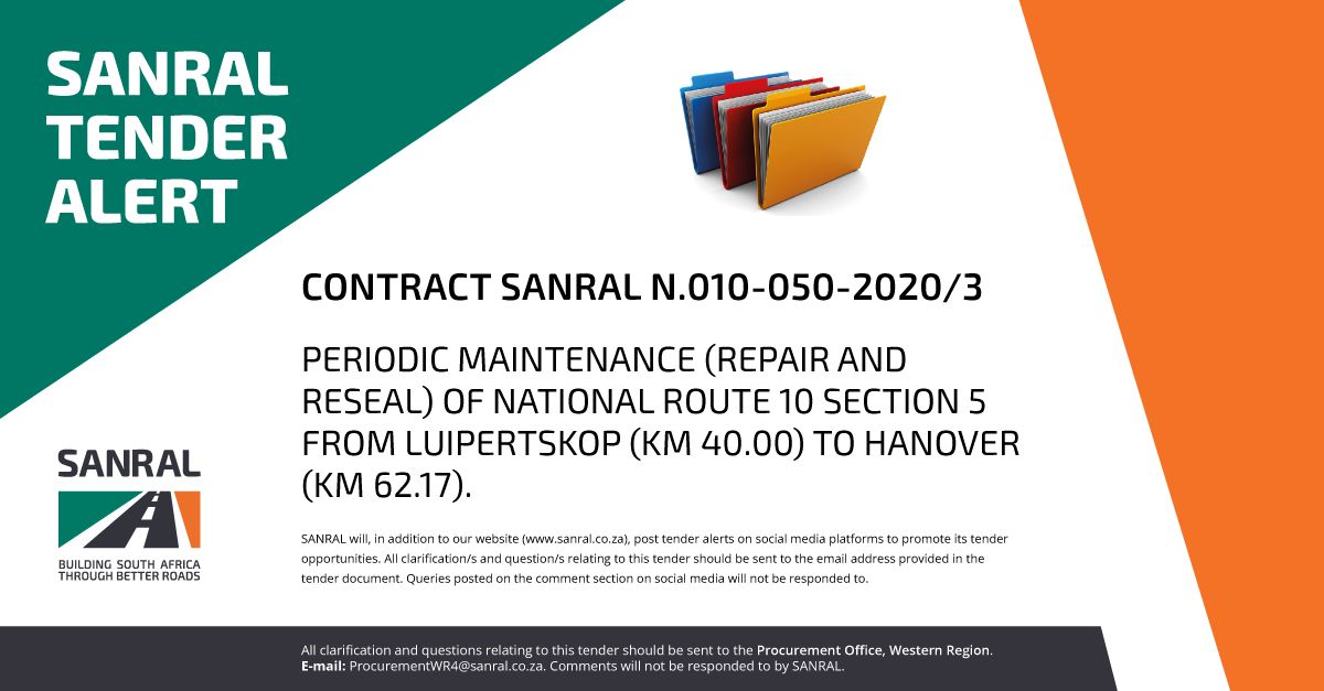 SANRAL on LinkedIn: SANRAL TENDER ALERT Tender number: N.010-050-2020/3 ... SANRAL on LinkedIn: SANRAL TENDER ALERT Tender number: N.010-050-2020/3 ...