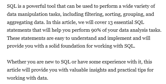 13 SQL Statements for 90% of Your Data Analysis Tasks 13 SQL Statements for 90% of Your Data Analysis Tasks