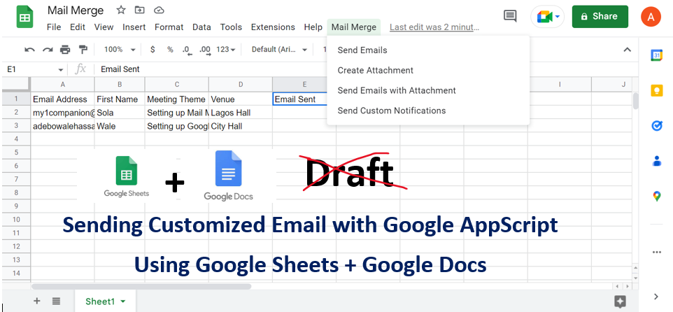 Create a mail merge using Google Sheets and Google Docs Create a mail merge using Google Sheets and Google Docs