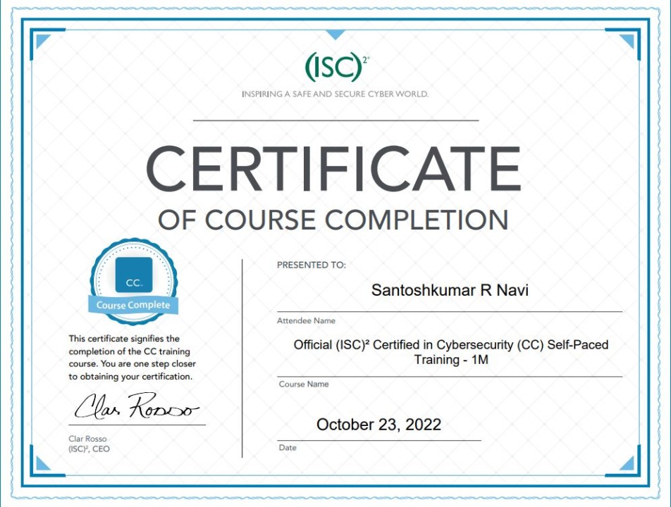 Completed the ISC2 Certified in Cybersecurity Completed the ISC2 Certified in Cybersecurity