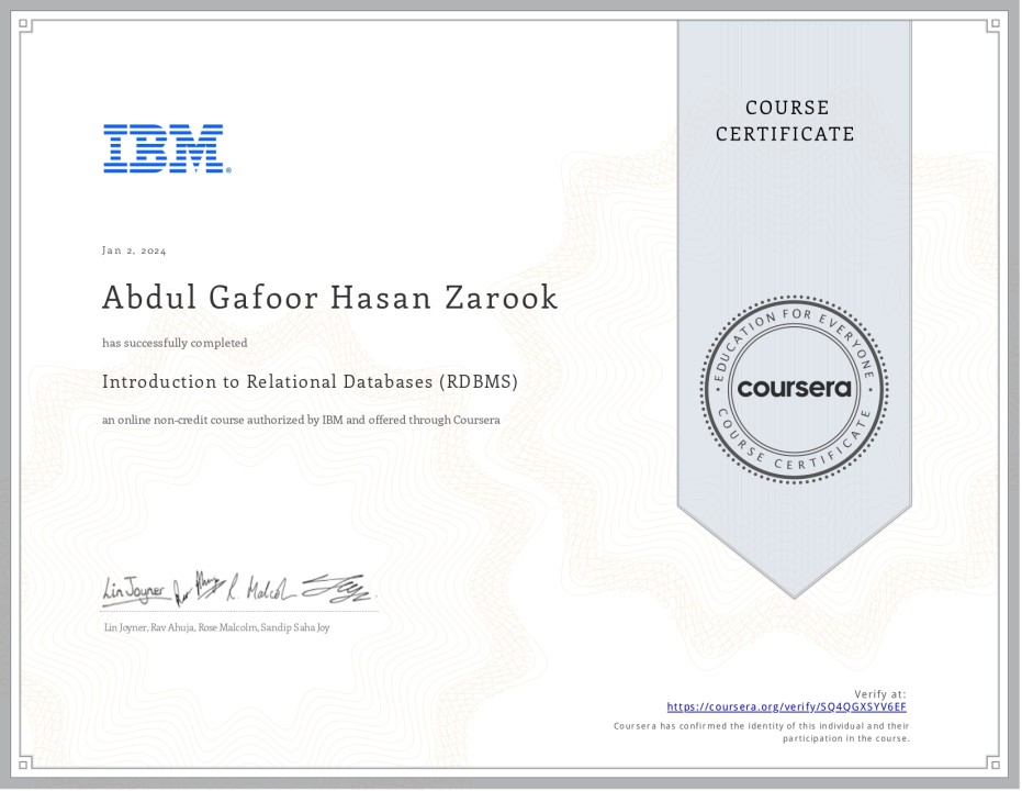 Certification: Introduction to Relational Databases from IBM Certification: Introduction to Relational Databases from IBM