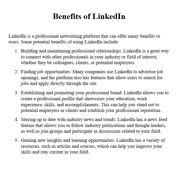 Benefits of LinkedIn Benefits of LinkedIn