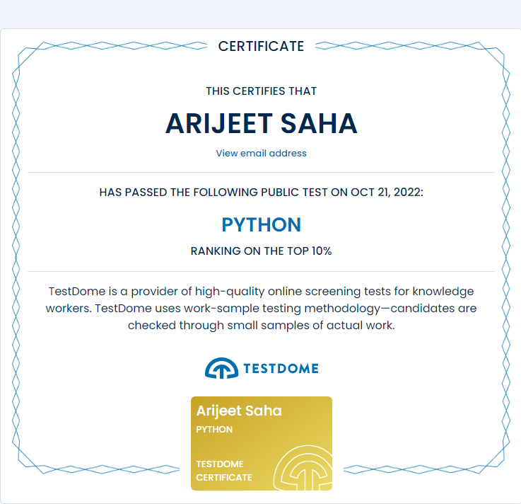 I have successfully completed the Testdome Python Online Screening Test. I have successfully completed the Testdome Python Online Screening Test.