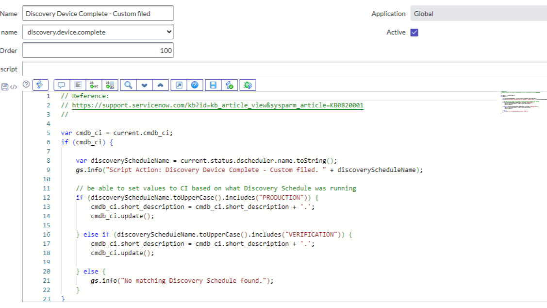 Populate custom CI fields based on Discovery Schedule Populate custom CI fields based on Discovery Schedule