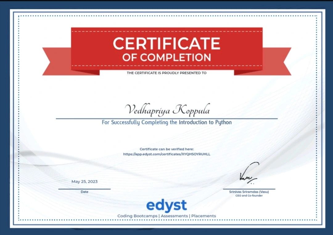 VedhaPriya Koppula on LinkedIn: successfully completed basics of python VedhaPriya Koppula on LinkedIn: successfully completed basics of python