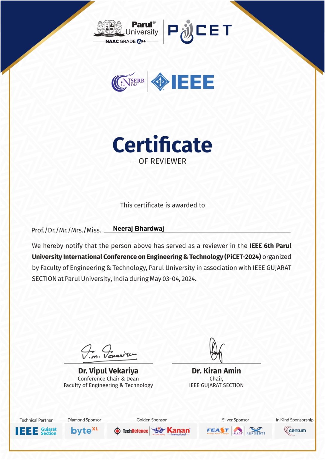 Dr. Neeraj Bhardwaj on LinkedIn: IEEE conference 2024 - PiCET -Reviewer ... Dr. Neeraj Bhardwaj on LinkedIn: IEEE conference 2024 - PiCET -Reviewer ...