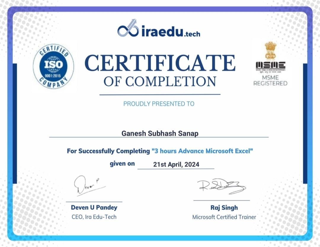 Ganesh Sanap on LinkedIn: #advancedexcel #certified #dataninja Ganesh Sanap on LinkedIn: #advancedexcel #certified #dataninja